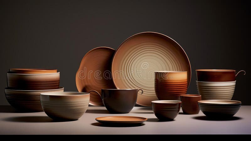 Earthy Toned Porcelain Dinnerware with Harmonious Circle Patterns Stock ...