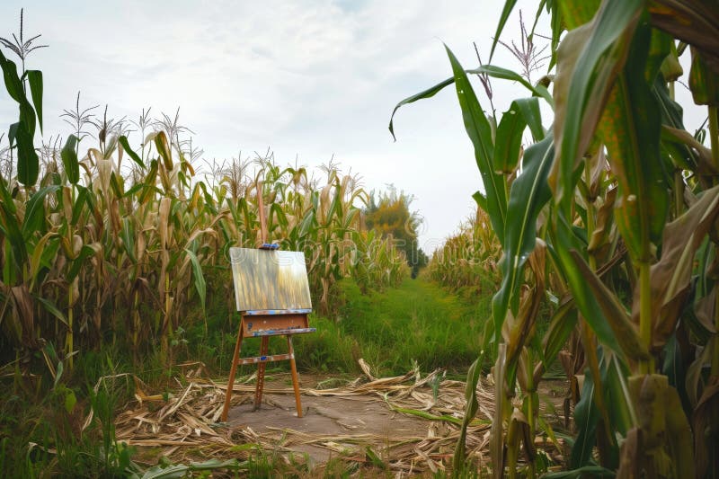 Easel Set Up in a Cornfield, Painter Capturing Tall Crops Stock Photo ...