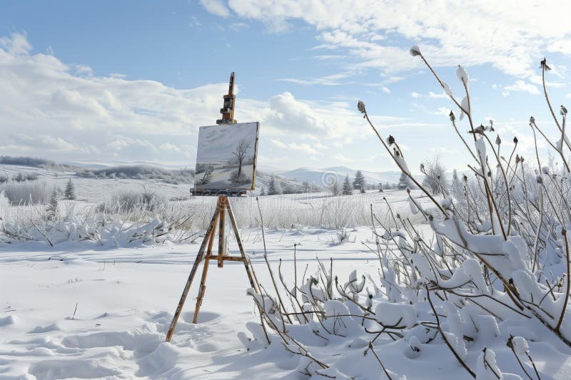 Easel Set Up in a Snowcovered Landscape, Artist at Work Stock Photo ...