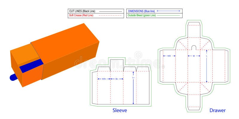 Sleeve Drawer Box Dieline Template and 3D Box Design Coloe Changeable ...