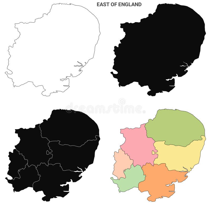 East Anglia Map, East of England Administrative Map Set - Blank Outline ...