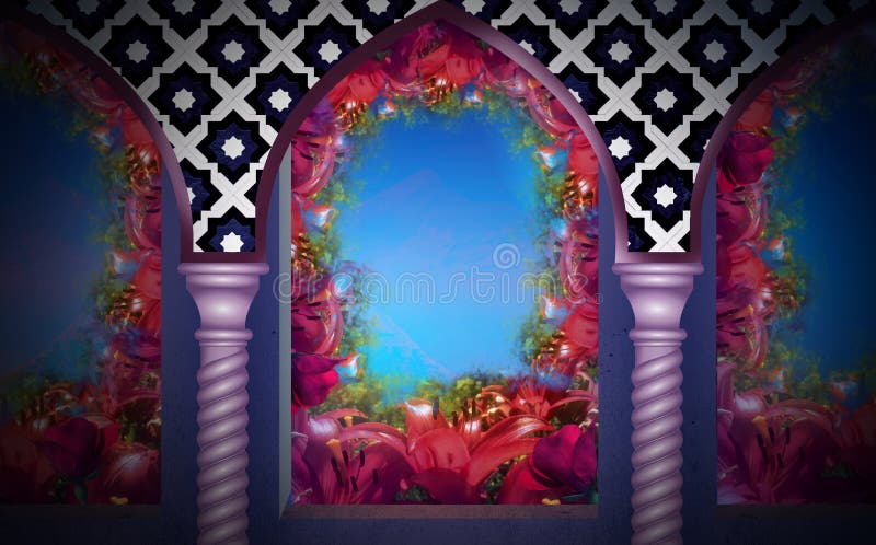 Eastern Arches with Columns in Flowers, Sunlight Stock Illustration ...