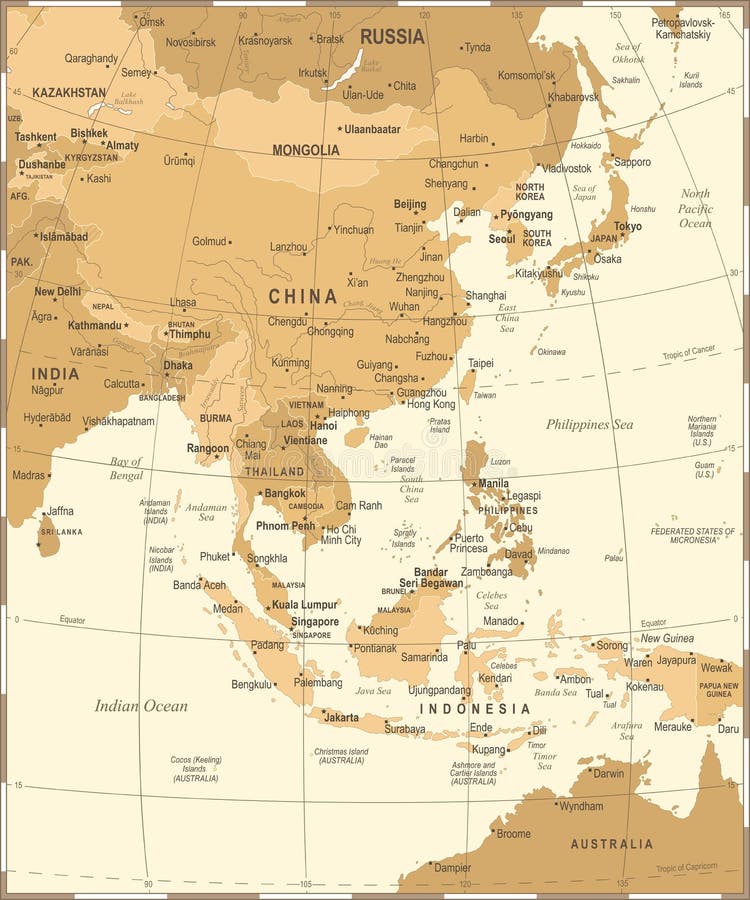 East Asia Map - Vintage Vector Illustration Stock Illustration ...