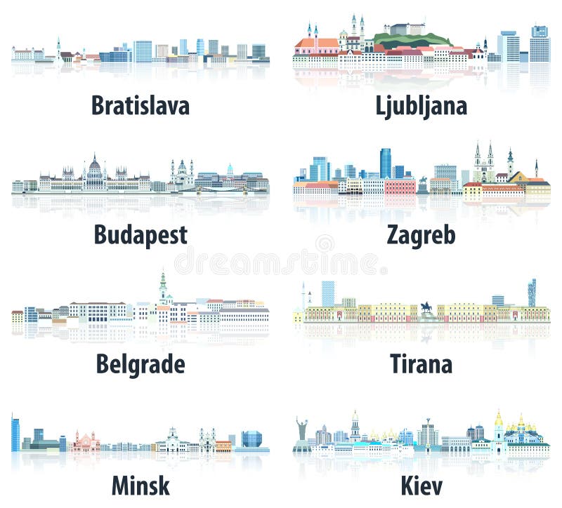 Cities of East Europe Skylines in Tints of Blue Color Palette. Ð¡rystal ...