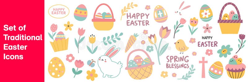 Set of Traditional Easter Icons, Pastel Colors, Spring Symbols for ...