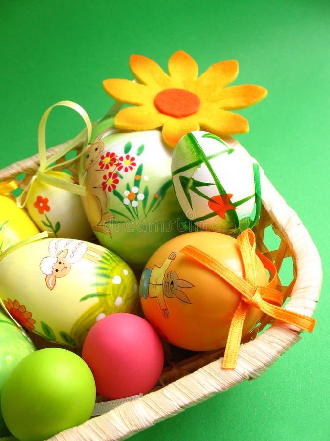 Spring Easter Egs and Flowers in a Basket Stock Image - Image of ...