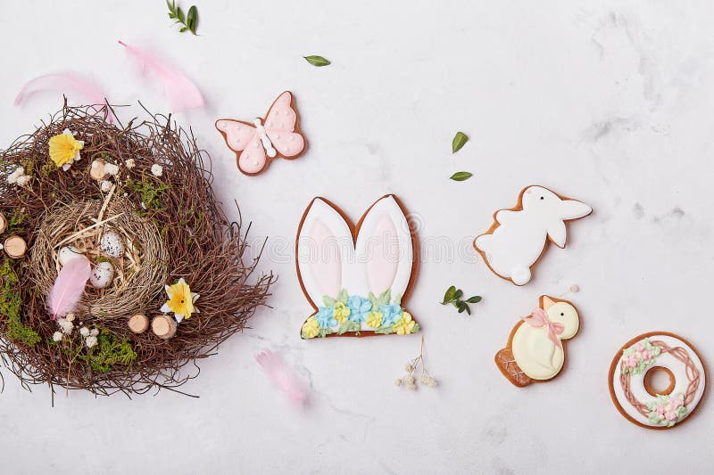 Easter Aesthetics Glazed Cookies with Nest Decorations on White ...