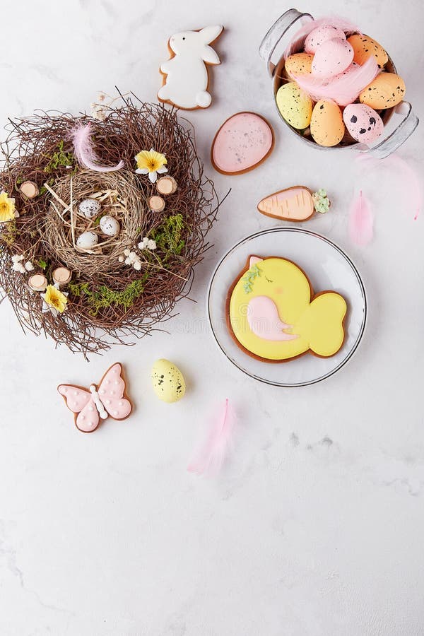 Easter Aesthetics Glazed Pastel Cookies, Nest, Feathers Decorations on ...
