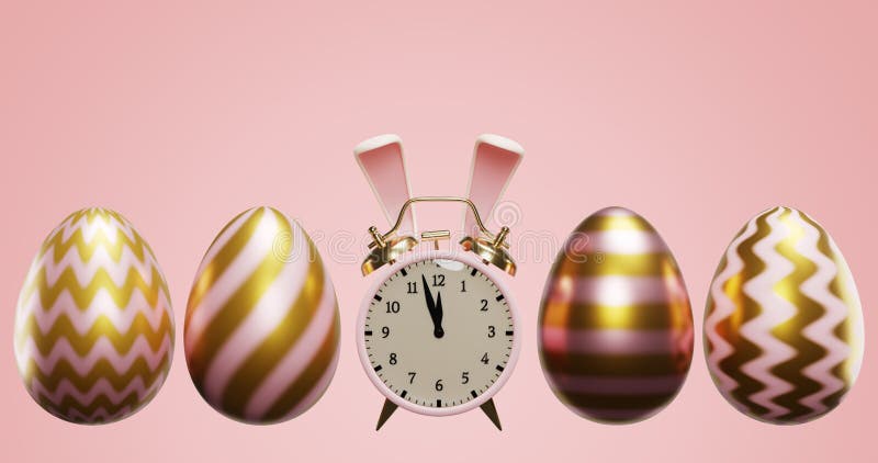 Easter. Alarm Clock in Rabbit Ears and Eggs on a Pink Background Stock ...