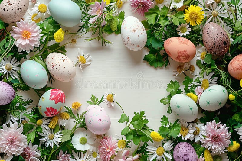 Easter Backdrop Featuring Eggs and Flowers, Captured from Above Stock ...