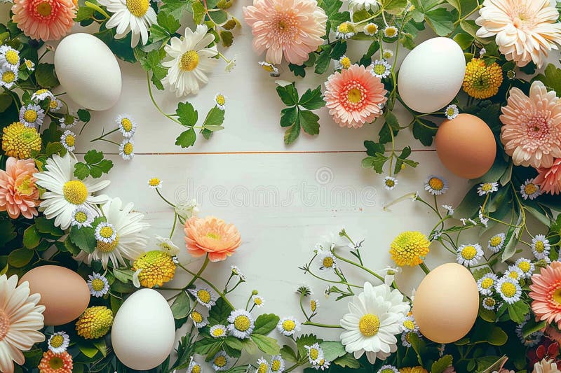 Easter Backdrop Featuring Eggs and Flowers, Captured from Above Stock ...