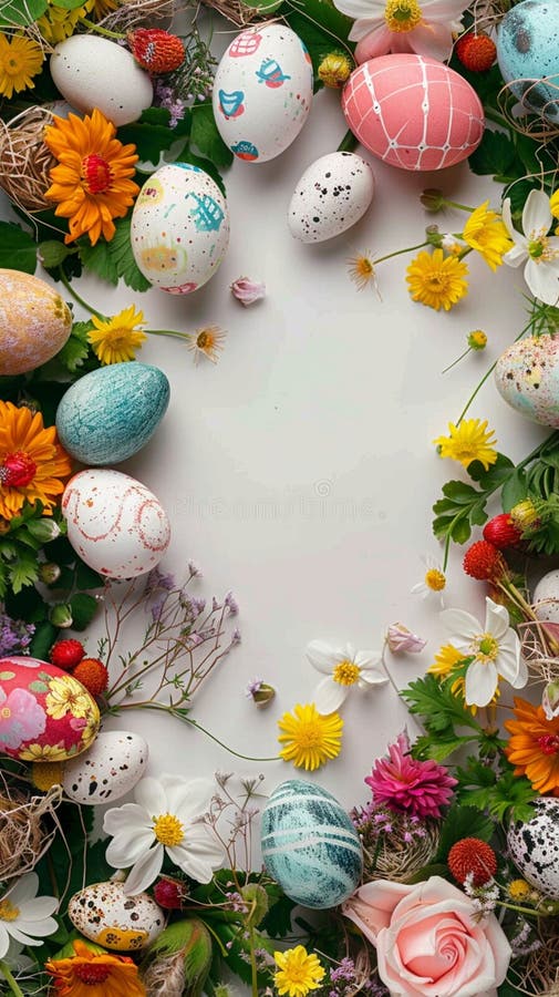 Easter Backdrop Featuring Eggs and Flowers, Captured from Above Stock ...