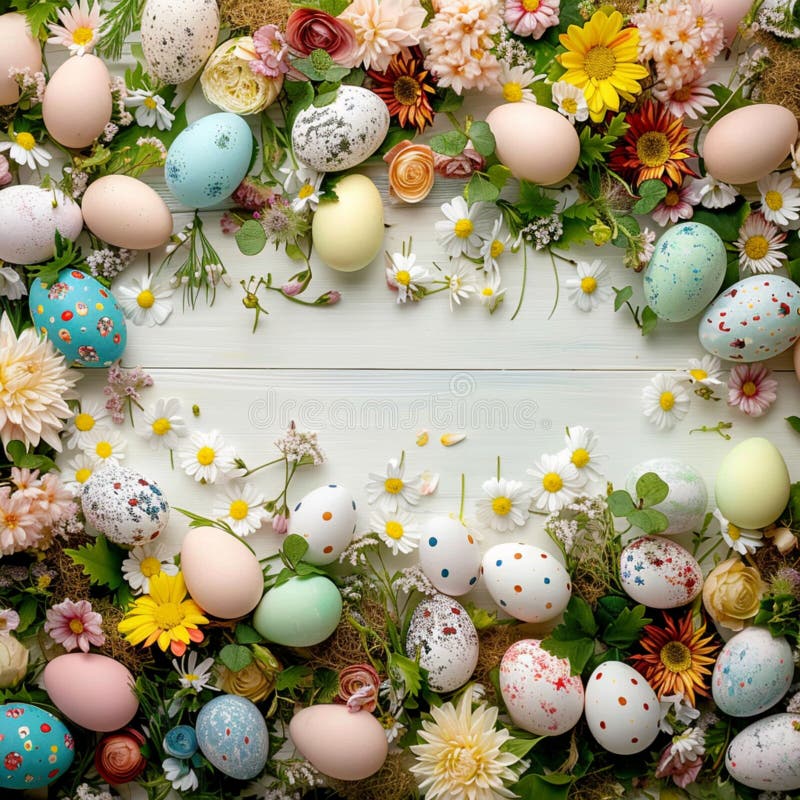 Easter Backdrop Featuring Eggs and Flowers, Captured from Above Stock ...
