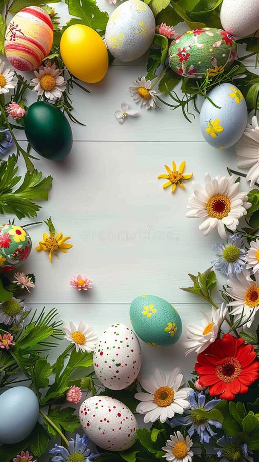 Easter Backdrop Featuring Eggs and Flowers, Captured from Above Stock ...