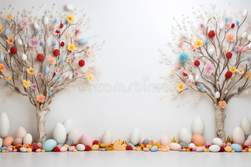 Easter Backdrop with Trees and Eggs Stock Image - Image of festive ...