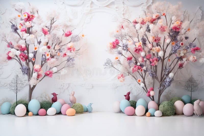 Easter Backdrop with Trees and Eggs Stock Photo - Image of spring ...