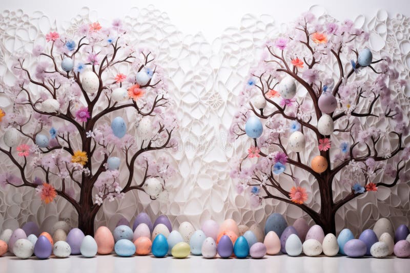 Easter Backdrop with Trees and Eggs Stock Image - Image of festive ...