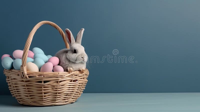 Easter Background with Bunny Rabbit in Basket with Eggs. Empty ...