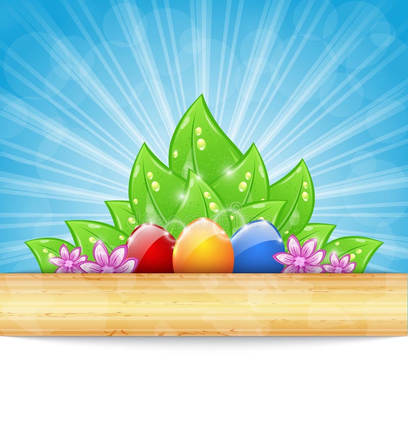 Easter Background with Colorful Eggs, Leaves, Flow Stock Vector ...