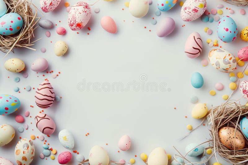 Easter Background with Colorful Eggs in Nest and Confetti. Top View ...