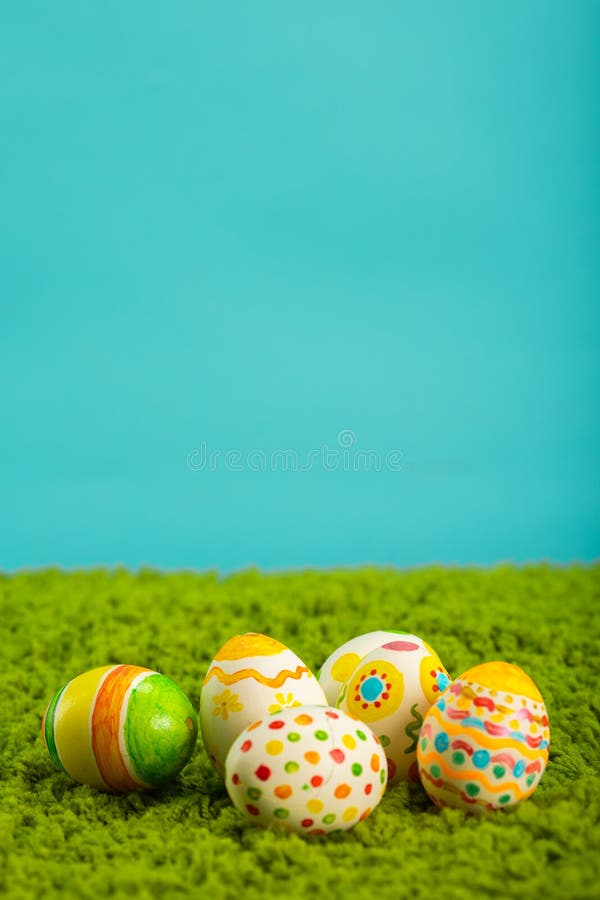 Easter Background with Cracked Eggs Green Grass Blue Sky Stock Photo ...