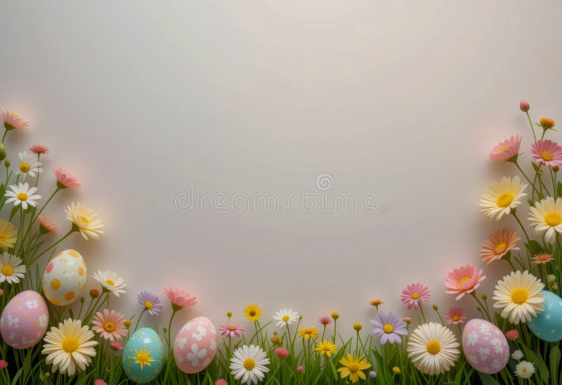 Easter Background with Decorated Eggs and Colorful Spring Flowers Along ...