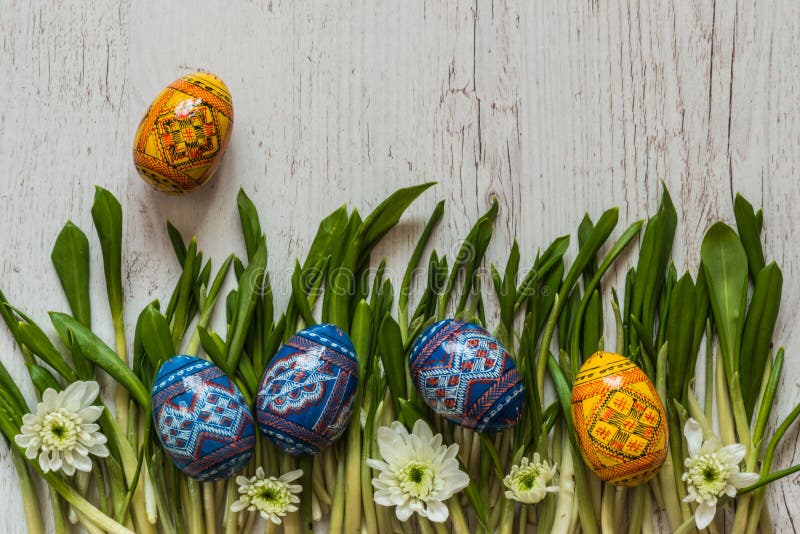 Easter Background with Easter Eggs and Spring Flowers on Green Grass ...