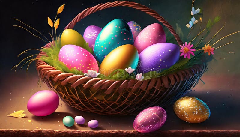 Easter Background with Eggs in Basket and Bunnies Stock Illustration ...