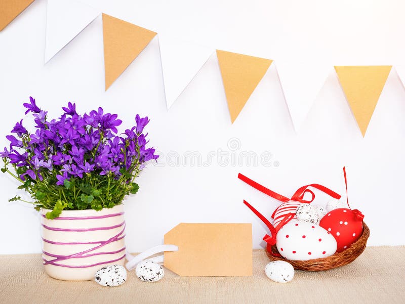 Easter Background with Eggs in Bird Nest and Empty Gift Tag Sign for ...