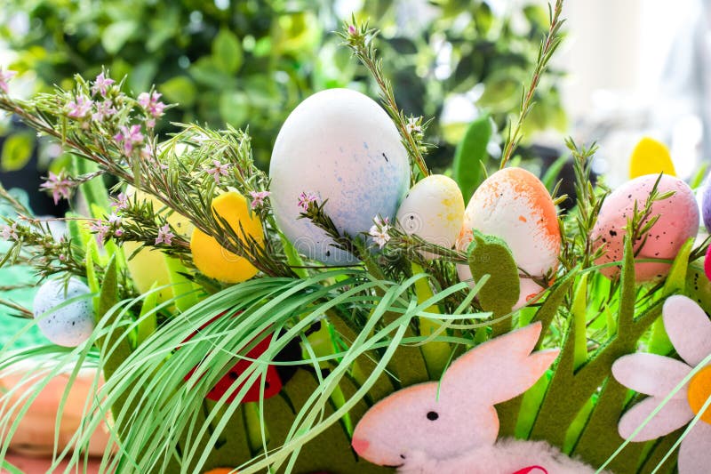 Easter Background with Eggs and Spring Flowers. Top View Stock Photo ...