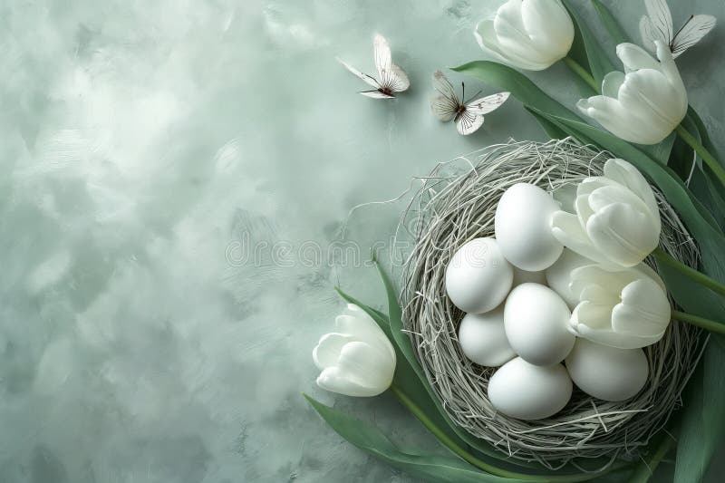 Easter Background Empty Nest with White Tulips, Eggs and Butterflies ...