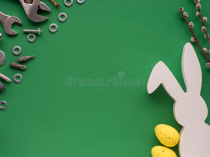 Easter Background with Hand Tools, Fasteners, Fittings, Eggs and White ...