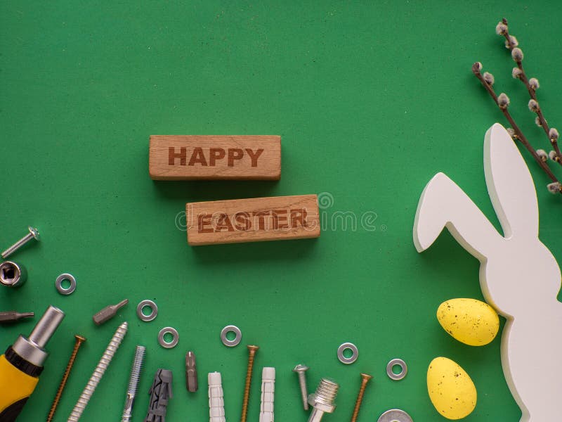 Easter Background with Hand Tools, Fasteners, Fittings, Eggs and White ...