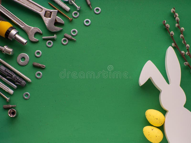 Easter Background with Hand Tools, Fasteners, Fittings, Eggs and White ...