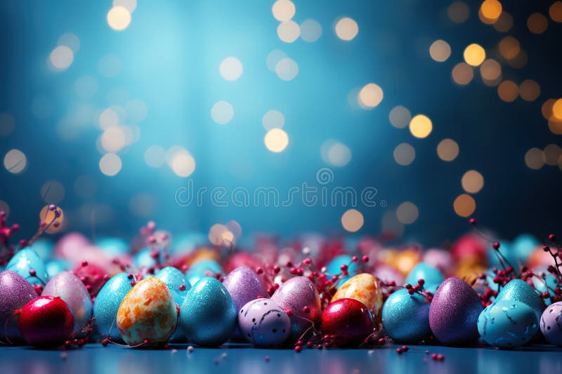 Easter Background with Painted Easter Eggs on a Blue Background with ...
