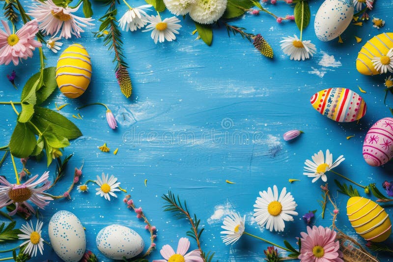 Easter Background with Painted Eggs and Spring Flowers. Stock Photo ...