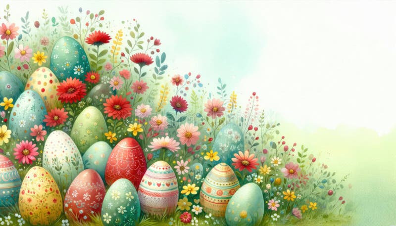 Easter Background with Painted Eggs, Spring Flowers and Green Grass ...
