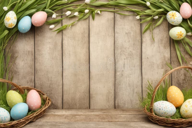 Easter Background with Pastel Colored Easter Eggs in Wicker Baskets on ...