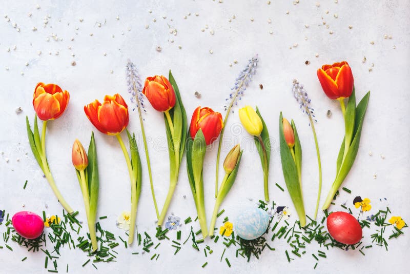 Easter Background with Spring Flowers and Easter Eggs Stock Photo ...