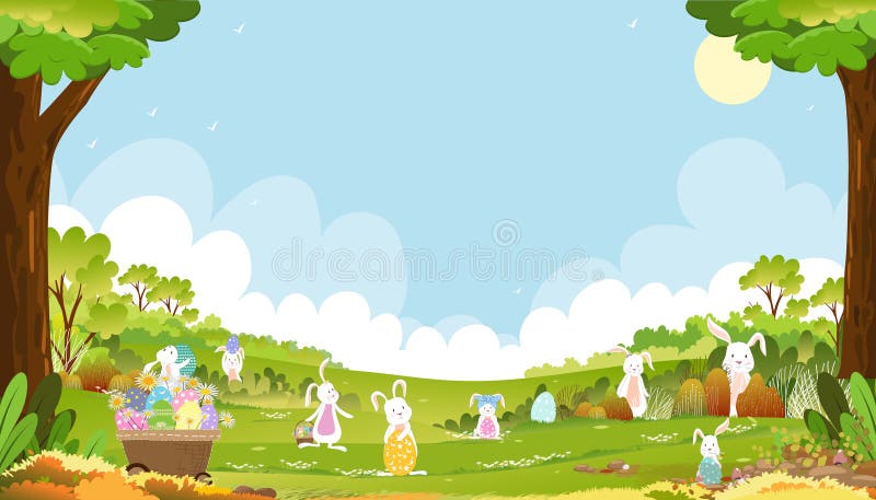 Easter Background,Spring Green Fields Landscape with Cute Bunny Hunting ...