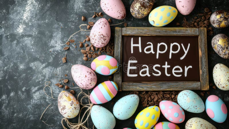 Easter Background with Text "Happy Easter", Easter Eggs and Cholocate. Eggs with Pastel Colors ...