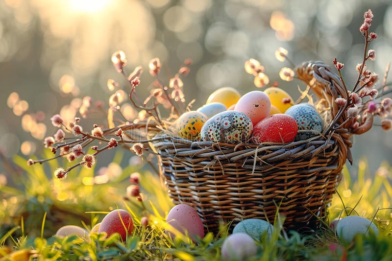 Easter Background with a Wicker Basket Full of Eggs and Willow Branches ...