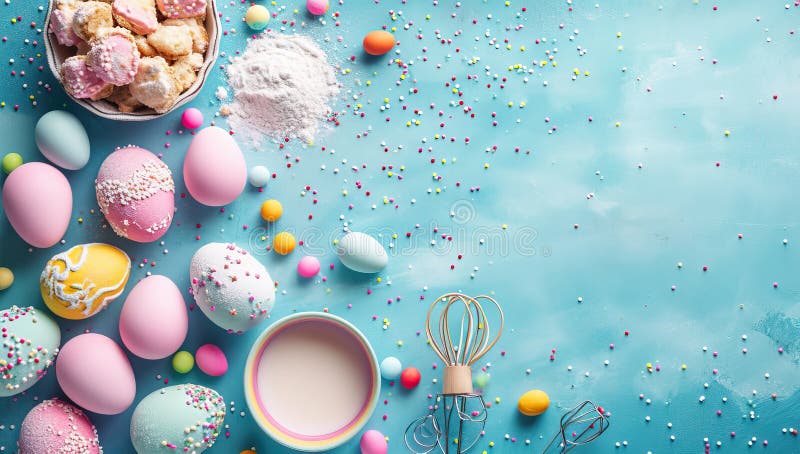 Easter Baking Background. Pastel Colored Eggs, Flour, Whisk and Candy ...