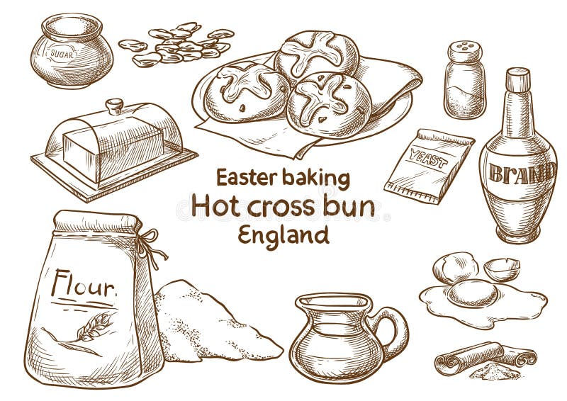 Easter Baking. Hot Cross Bun. England. Vector Sketch Stock Vector ...