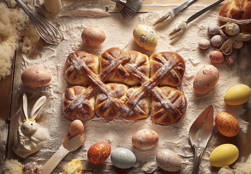 Easter Baking: Hot Cross Buns, Eggs, and Bunny Stock Illustration ...