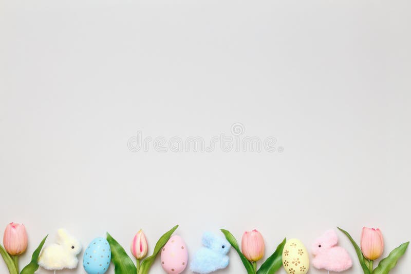 Easter Banner Border. Eggs of Tulips of Toy Rabbits on a Gray ...