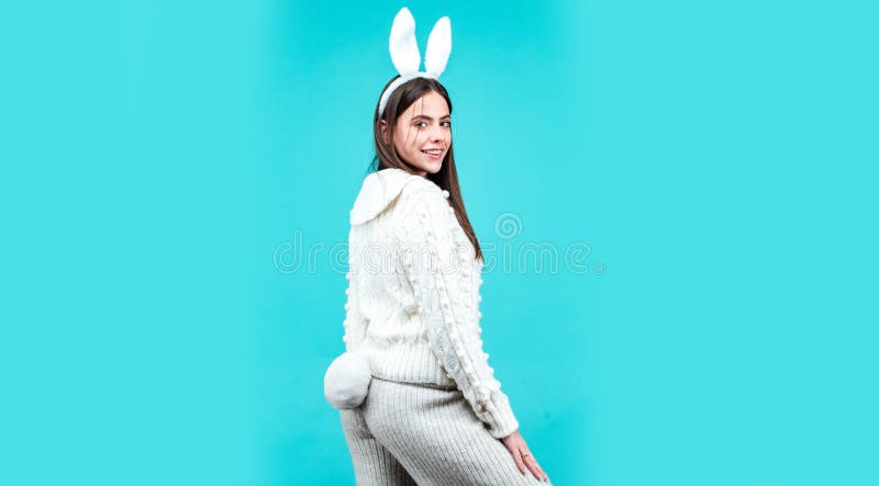Easter Banner With Bunny Woman Pretty Bunny Girl Winking And Tongue