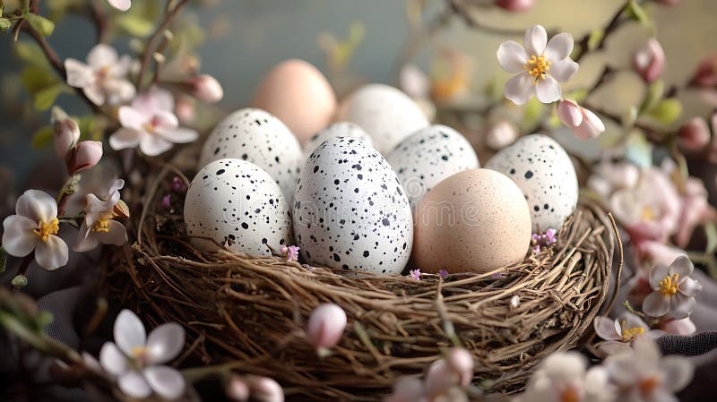 Easter Banner with a Cozy Nest Filled with Speckled Eggs and Tiny ...