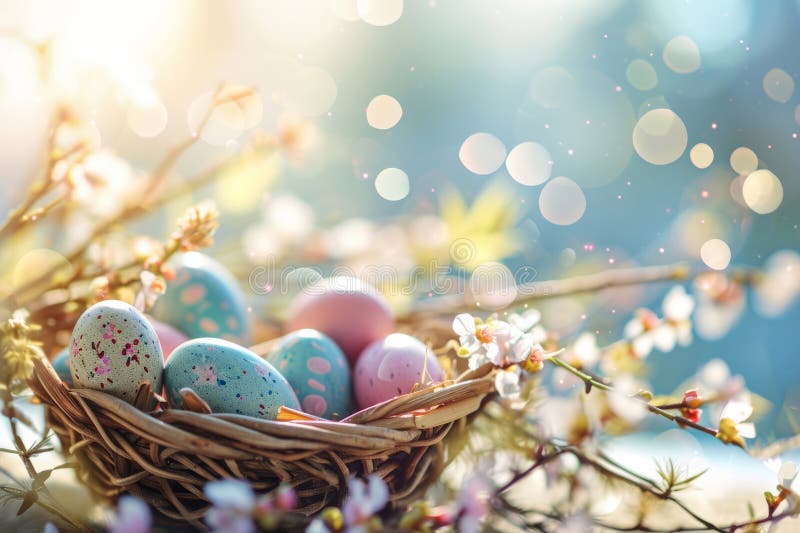 Easter Banner with Easter Basket and Eggs. Sparkling Bokeh Background ...