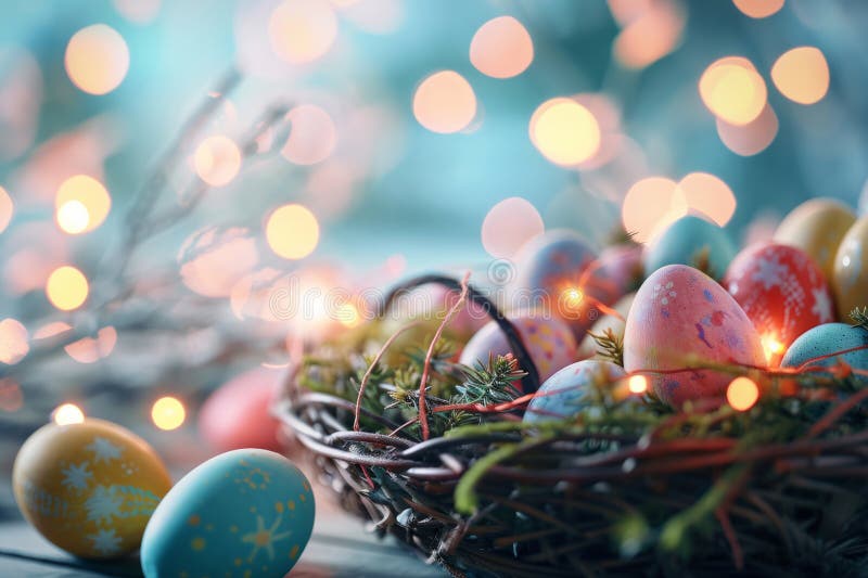 Easter Banner with Easter Basket and Eggs. Sparkling Bokeh Background ...